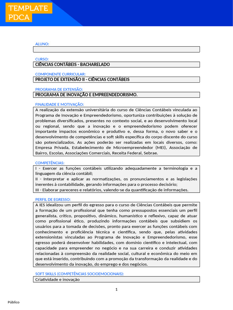 Projeto de Extensão - Template Pdca. | PDF