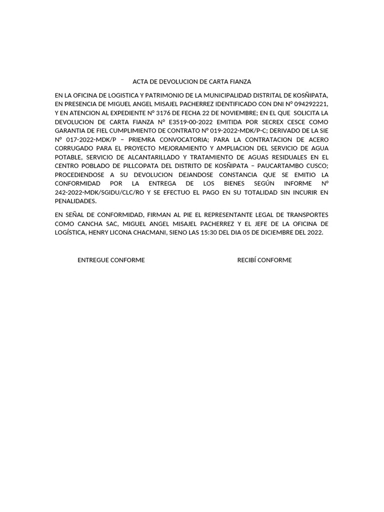 Acta de Devolucion de Carta Fianza-1 | PDF