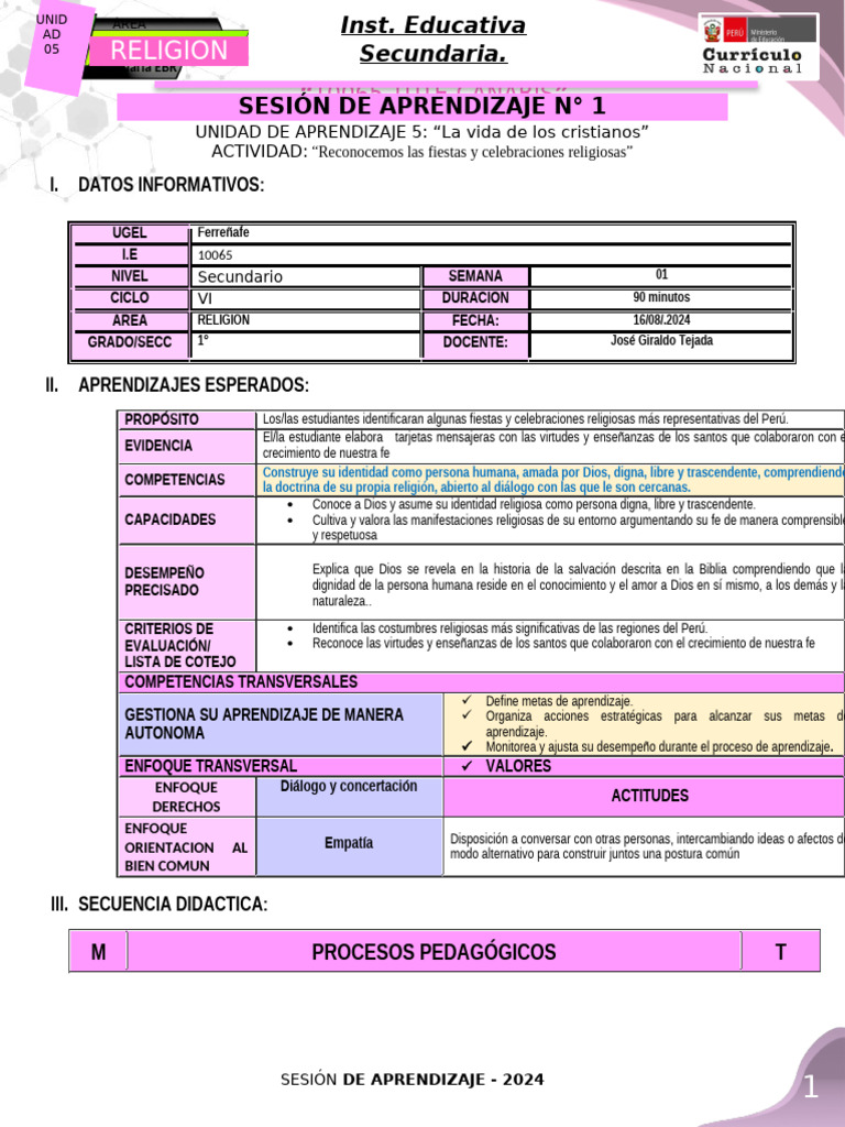 Sesion Religion 1°2° Sec-Semana 01 Uni 5 | PDF