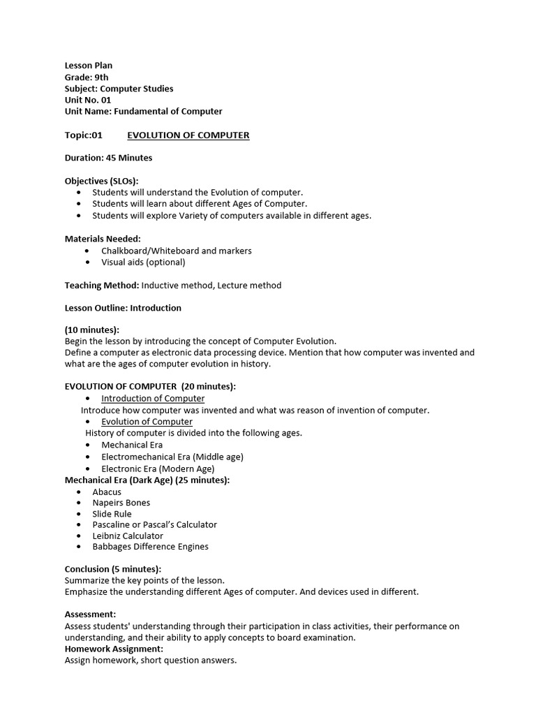Lesson Plans Class 9 Computer | PDF