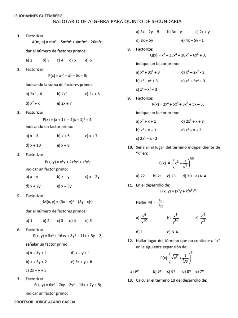 Balotario de Algebra para Quinto de Secundaria-1 | PDF