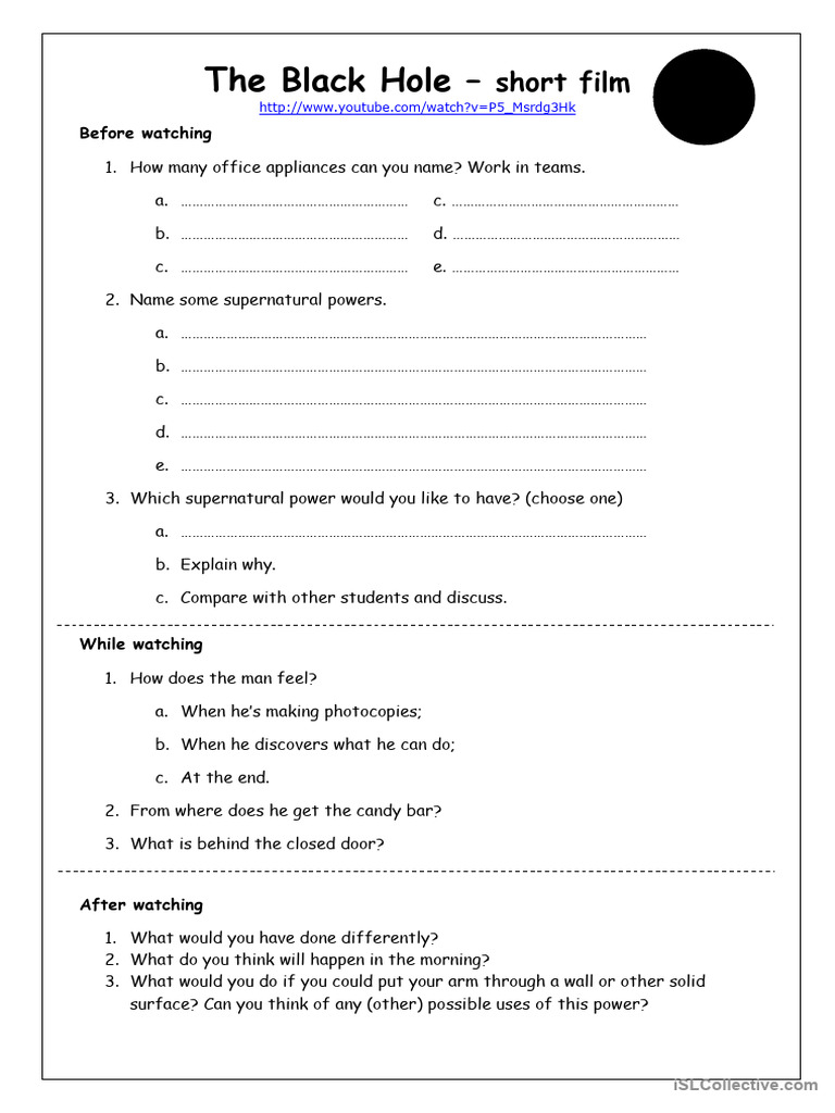 Video Worksheet - The Black Hole (Short Film) | PDF
