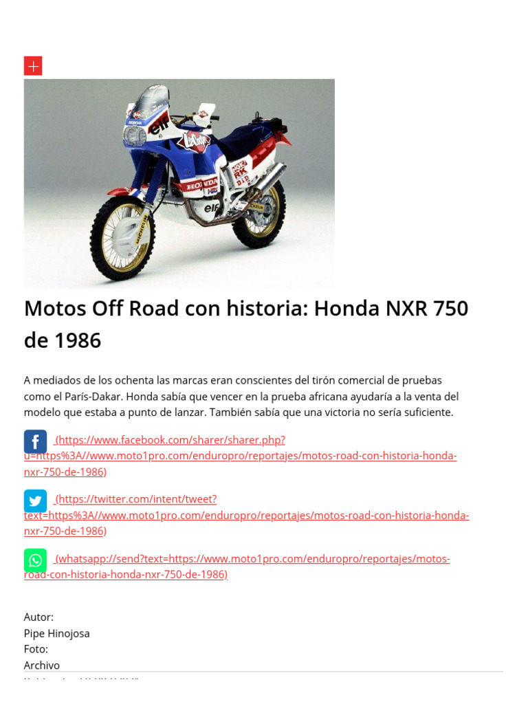 Motos Off Road Con Historia - Honda NXR 750 de 1986 - Moto1Pro | PDF