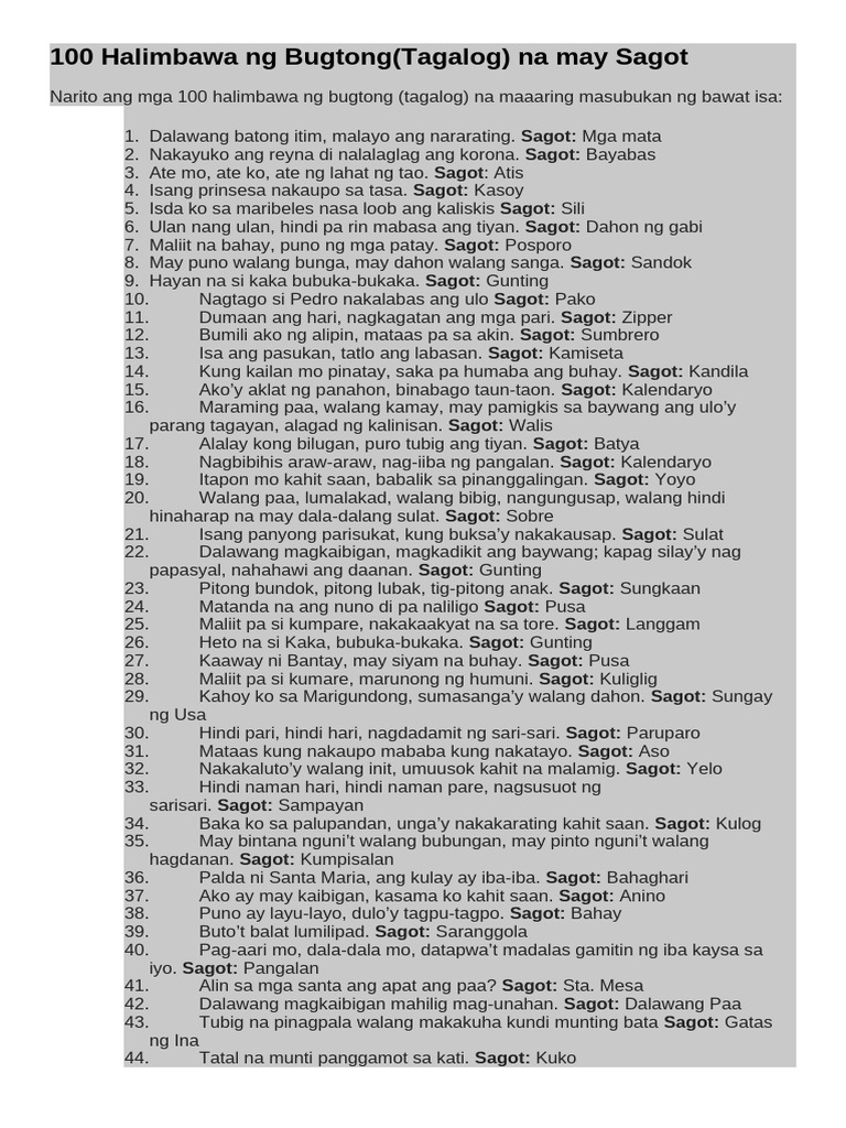 100 Halimbawa NG Bugtong | PDF