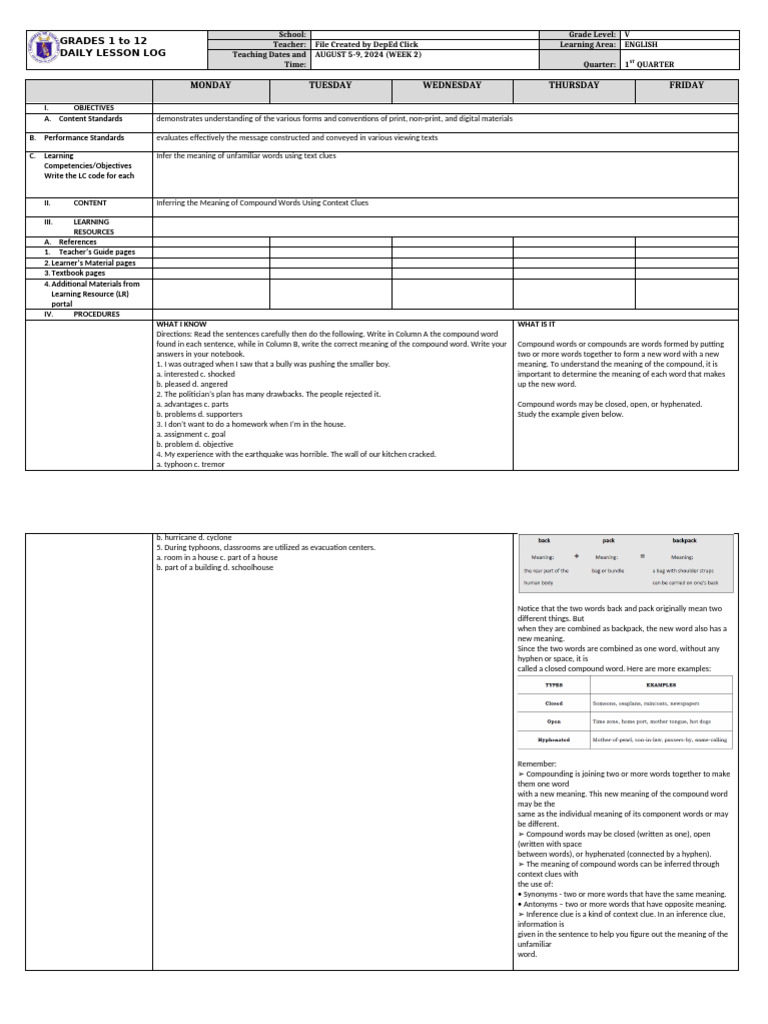 DLL - English 5 - Q1 - W2 | PDF