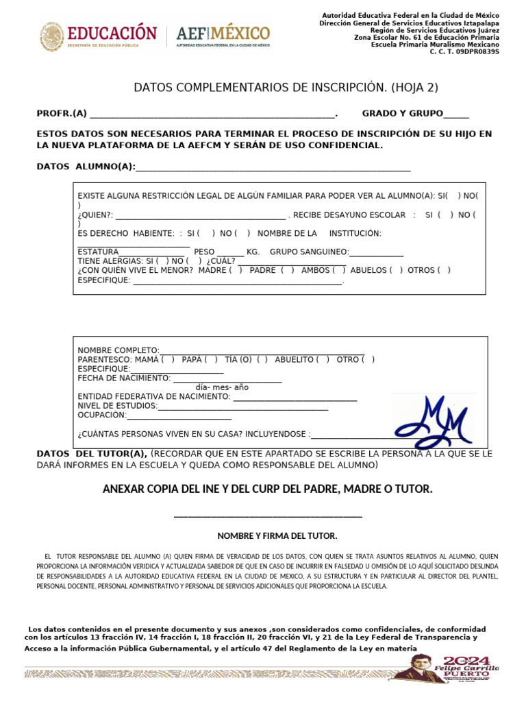 Datos Complementarios de Inscripción 2024-2025 | PDF