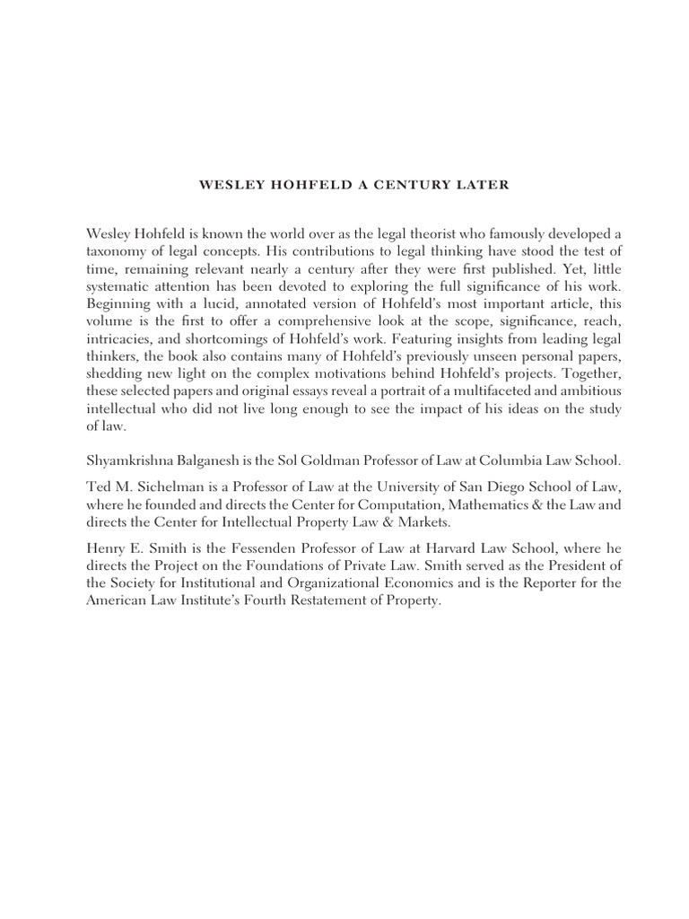 Wesley Hohfeld A Century Later | PDF