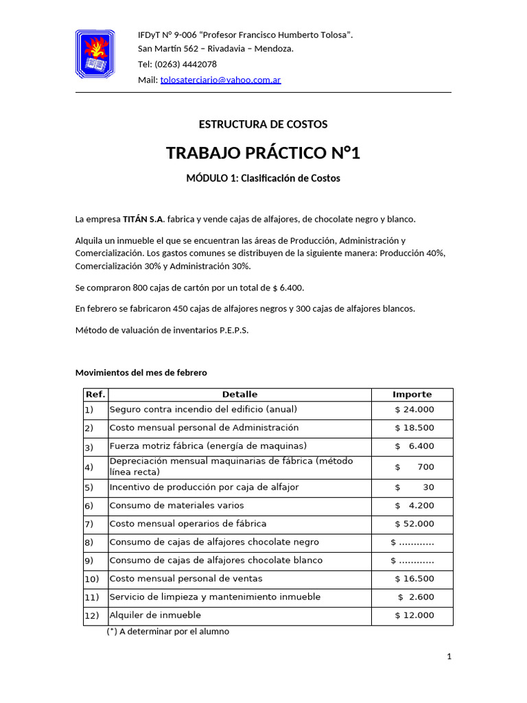 TP N1 - Clasificacion de Costos 2020 | PDF