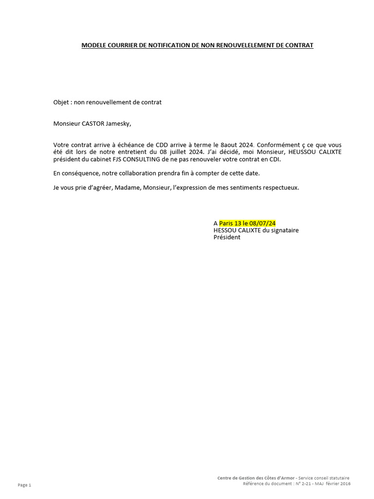 Modèle Courrier Notification Non Renouvellement de Contrat | PDF