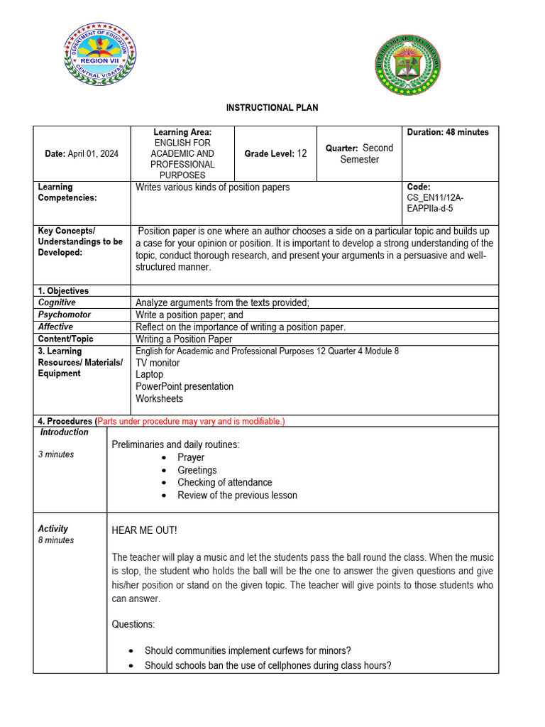 Lesson Plan 12 Position Paper 8 | PDF