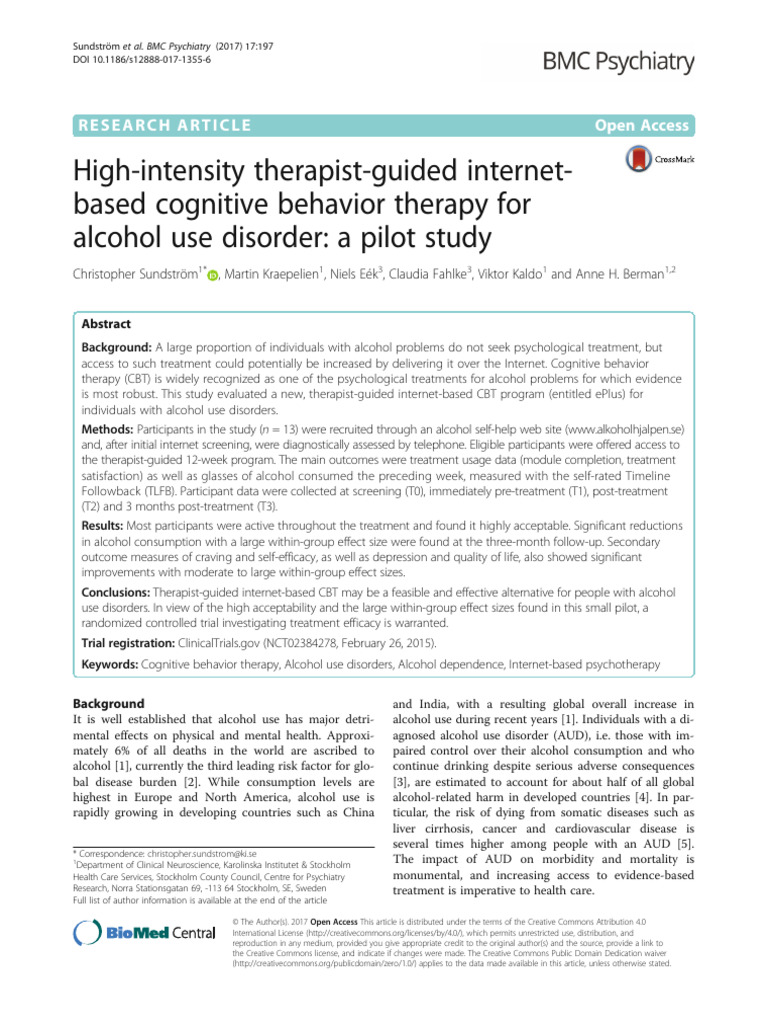 High-intensity therapist-guided internet-based cognitive behavior therapy for alcohol use ...