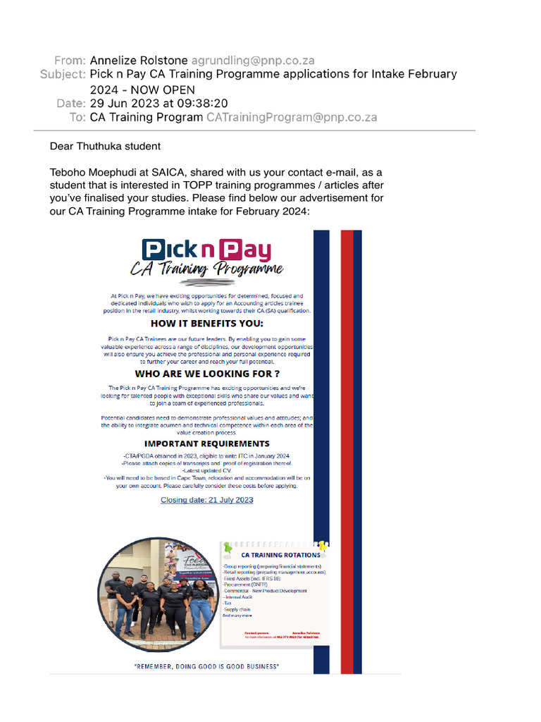 Pick N Pay CA Training Programme Applications For Intake February 2024 ...