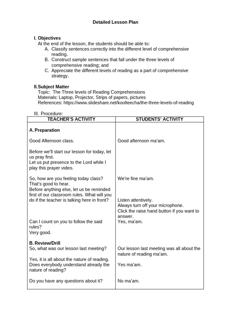 Lesson Plan - The Three Levels of Reading Comprehensions | PDF