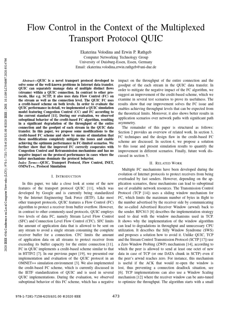 Flow Control in The Context of The Multiplexed Transport Protocol QUIC | PDF