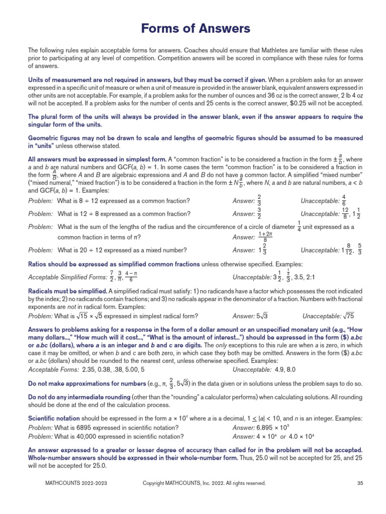 Mathcounts Rules On Forms of Answers (2022-2023) | PDF