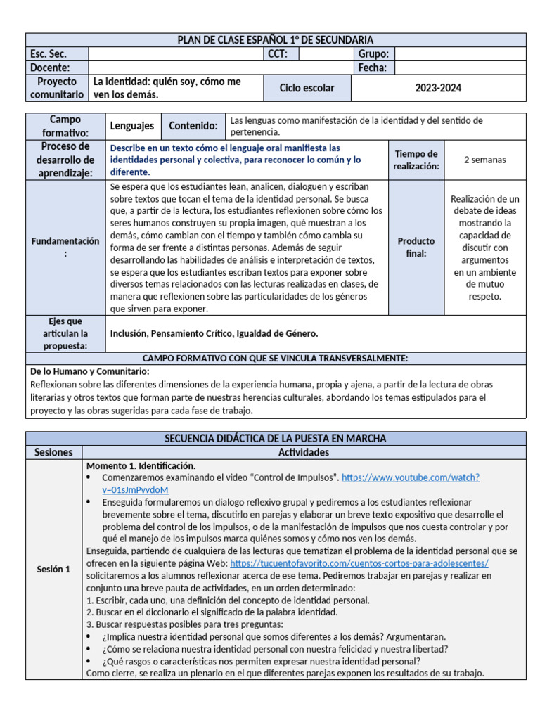 Proyecto 1. La Identidad. Quién Soy, Cómo Me Ven Los Demás | PDF