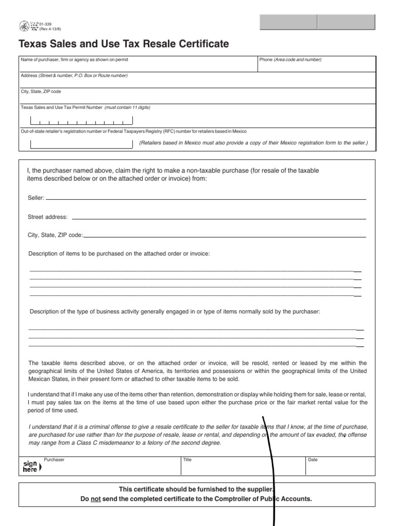 Texas Sales and Use Tax Resale Certificate | PDF