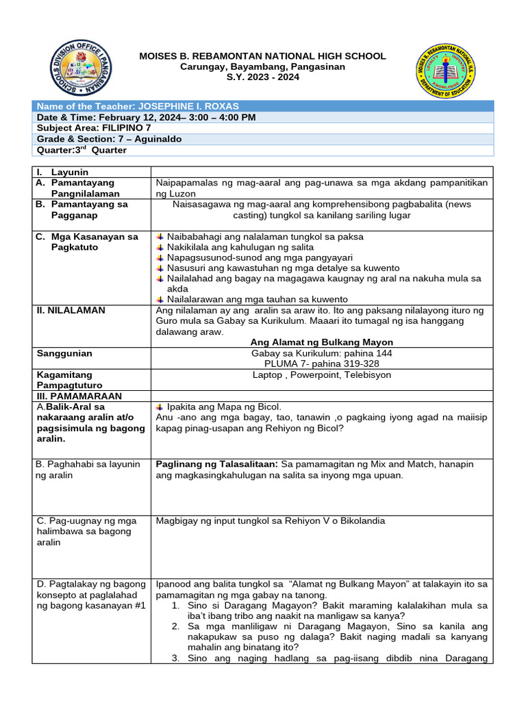 Filipino 7 Lesson Plan: Alamat ng Bulkang Mayon | PDF