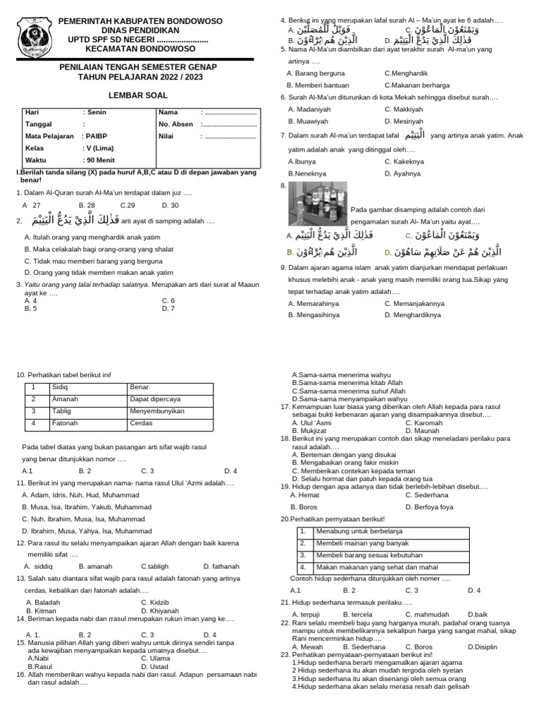 Soal Pai PTS Genap - Kelas 5 2023 | PDF