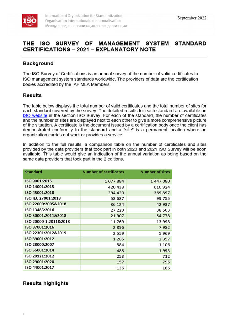 0.explanatory Note and Overview On ISO Survey 2021 Results | PDF