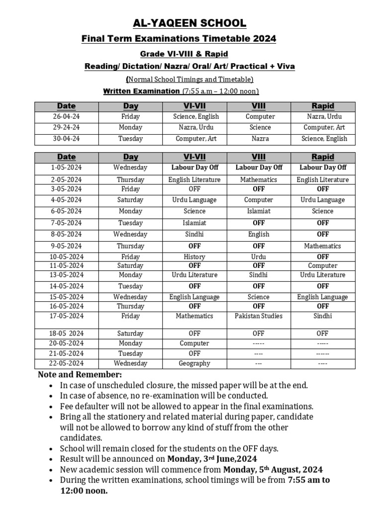 Final Term Examination Timetable 2024 | PDF