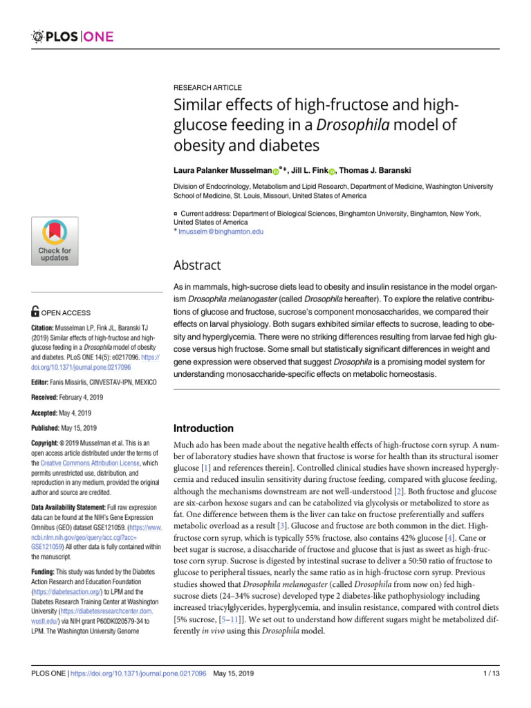 Similar Effects of High-Fructose and High-Glucose Feeding in A Drosophila Model of Obesity and ...