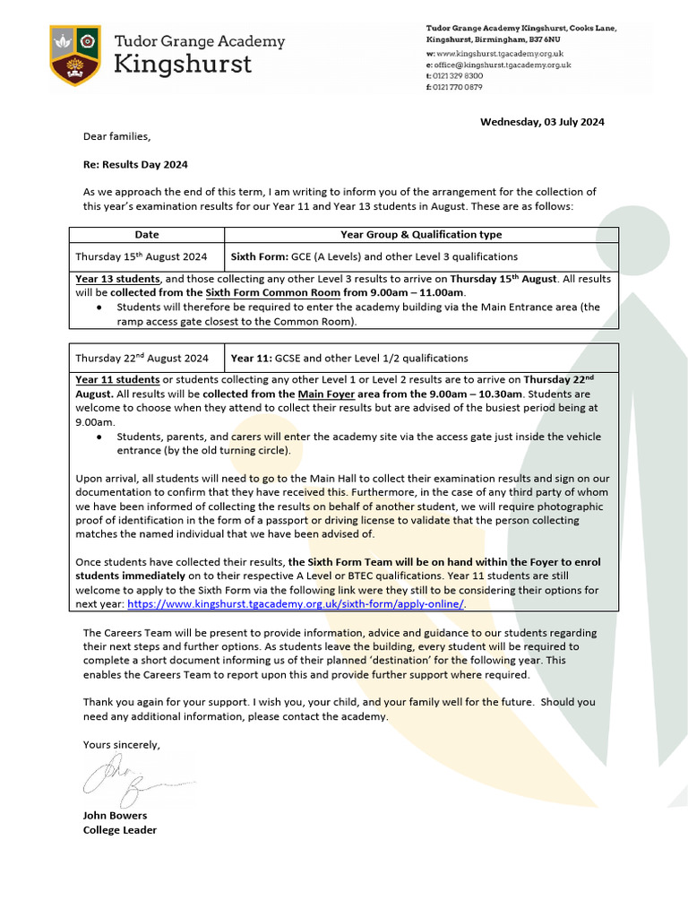 Results Day Letter To A Level and GCSE Families 2024 1 | PDF ...