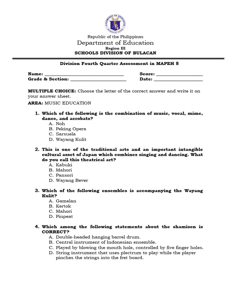 MAPEH 8 Assessment Tool | PDF
