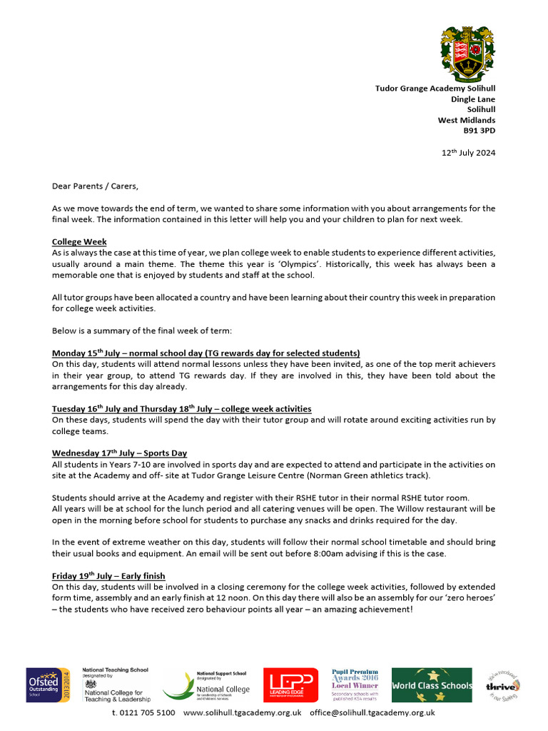 Letter-to-parents-and-carers-Last-week-arrangements-July-2024 | PDF