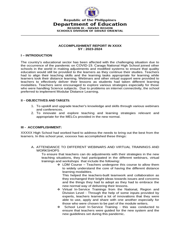 Accomplishment Report - Division Fomat | PDF | Learning | Career & Growth