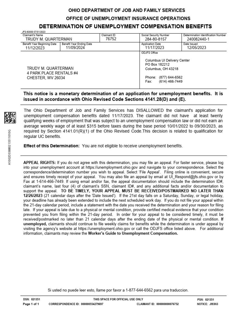 Determination of Unemployment Compensation Benefits | PDF