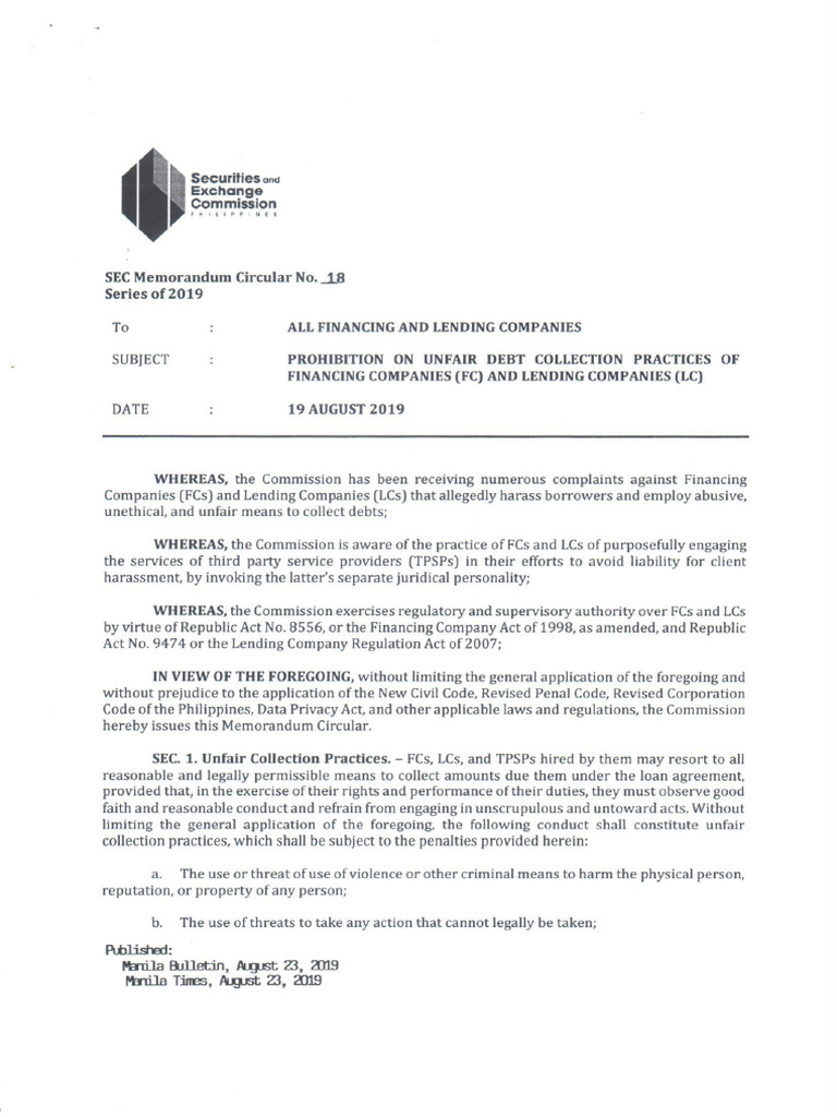 MC No. 18 s.2019 - Prohibition On Unfair Debt Collection Practices of ...