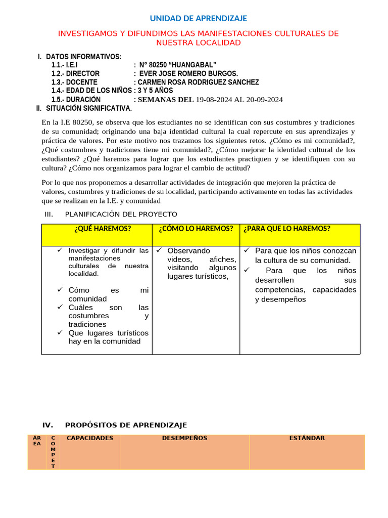 Unidad de Aprendizaje Mes de Agosto 2024 | PDF