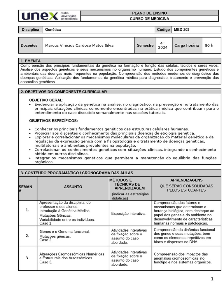 Genética - TURMA B - Plano de Ensino MED UNEX 2024 | PDF