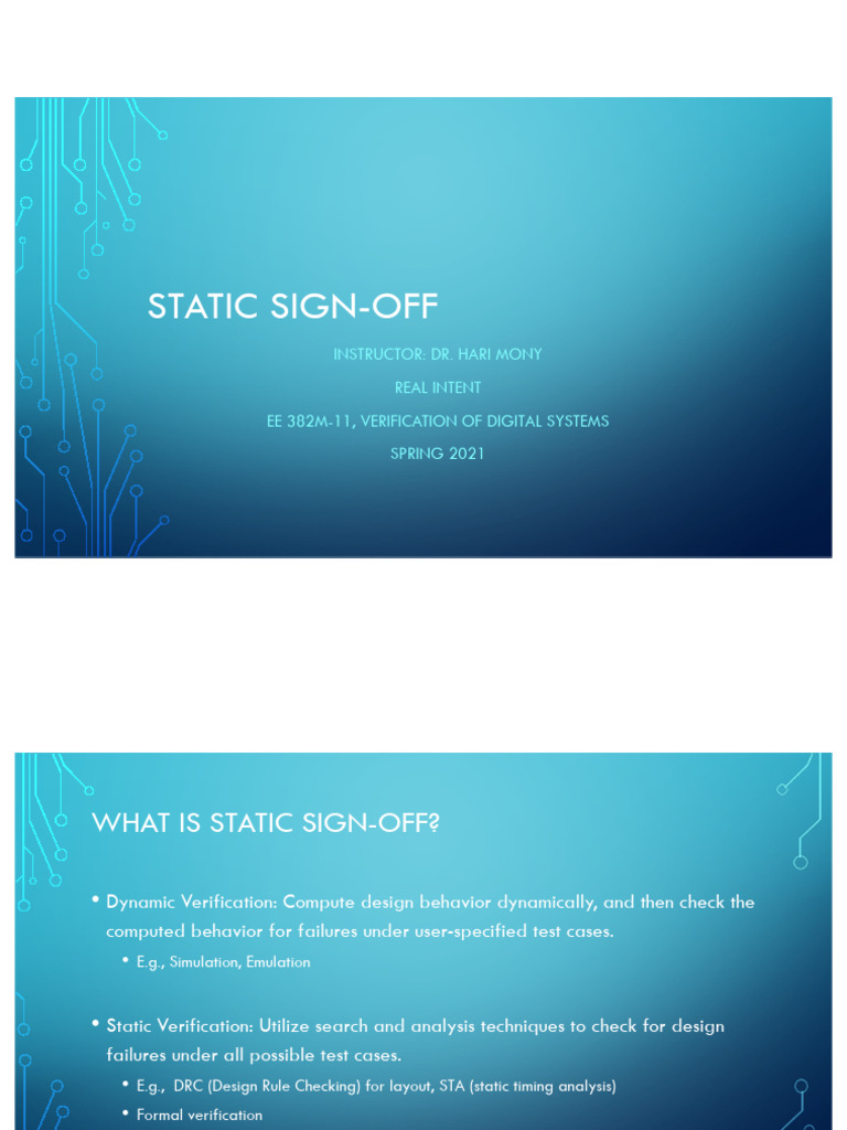 Static Sign-Off: Instructor: Dr. Hari Mony Real Intent Ee 382M-11, Verification of Digital ...