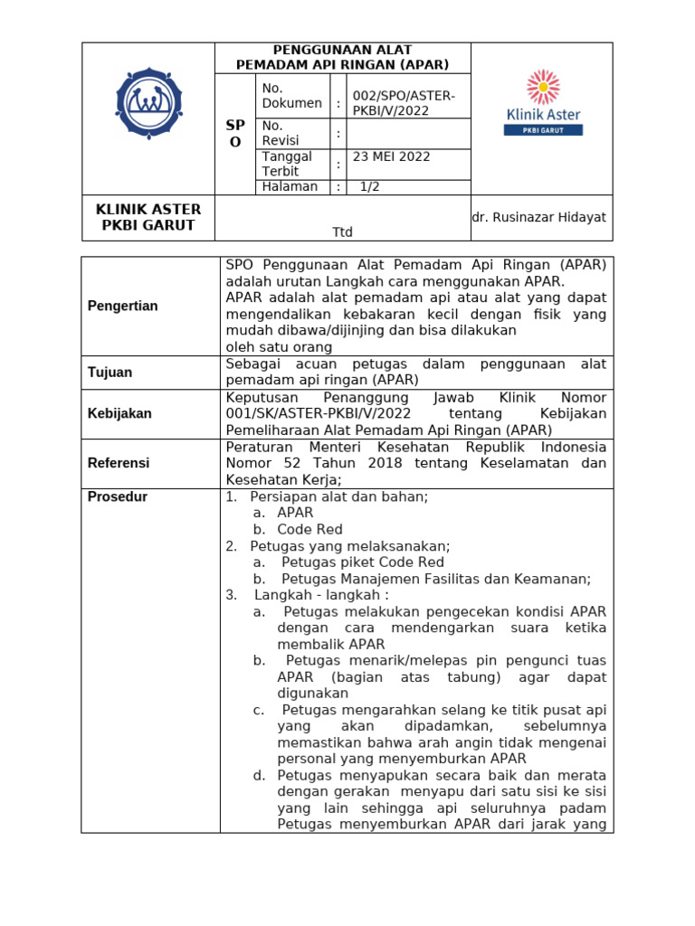 Spo Penggunaan Apar | PDF