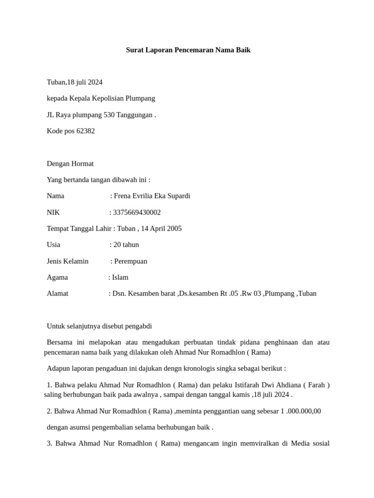 Surat Laporan Pencemaran Nama Baik | PDF