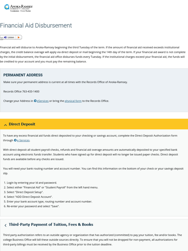 Financial Aid Disbursement - Anoka Ramsey Community College | PDF