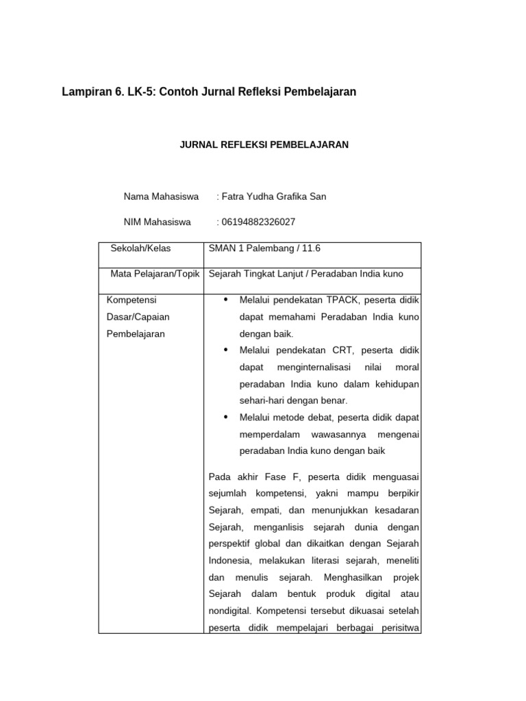Lampiran 6. LK-5 Contoh Jurnal Refleksi Pembelajaran | PDF