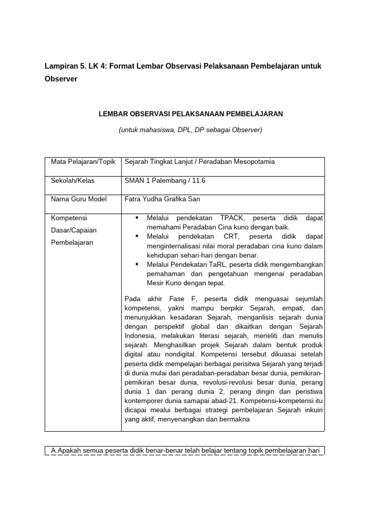 Lampiran 5. LK 4 Format Lembar Observasi Pelaksanaan Pembelajaran Untuk Observer | PDF