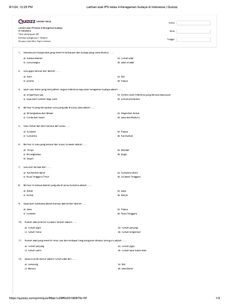 Latihan Soal IPS Kelas 4-Keragaman Budaya Di Indonesia - Quizizz | PDF