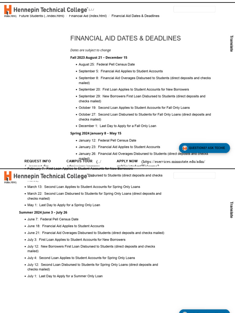 Financial Aid Dates & Deadlines Hennepin Technical College | PDF