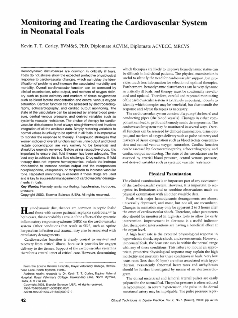 Monitoring and Treating The Cardiovascular System in Neonatal Foals | PDF