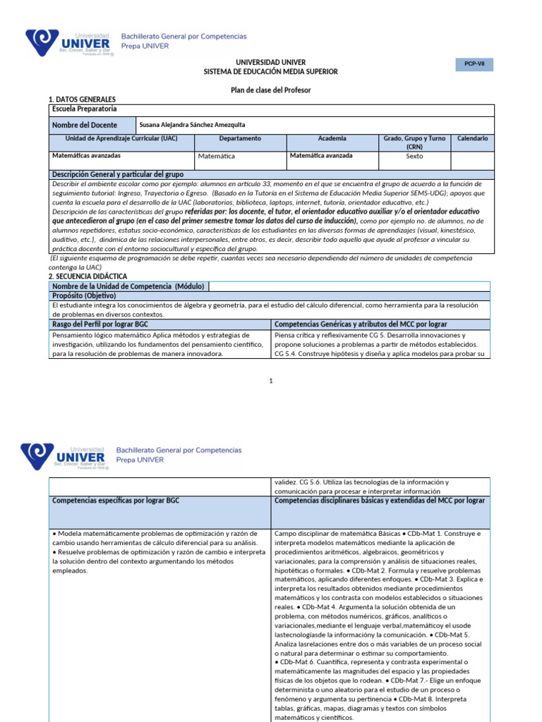 Plan De Clase Matematicas Avanzadas Correcta Pdf