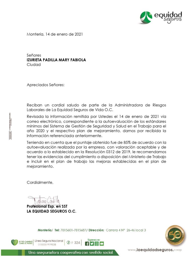 Carta de Recibido Autoevalución 2021 - Arl | PDF