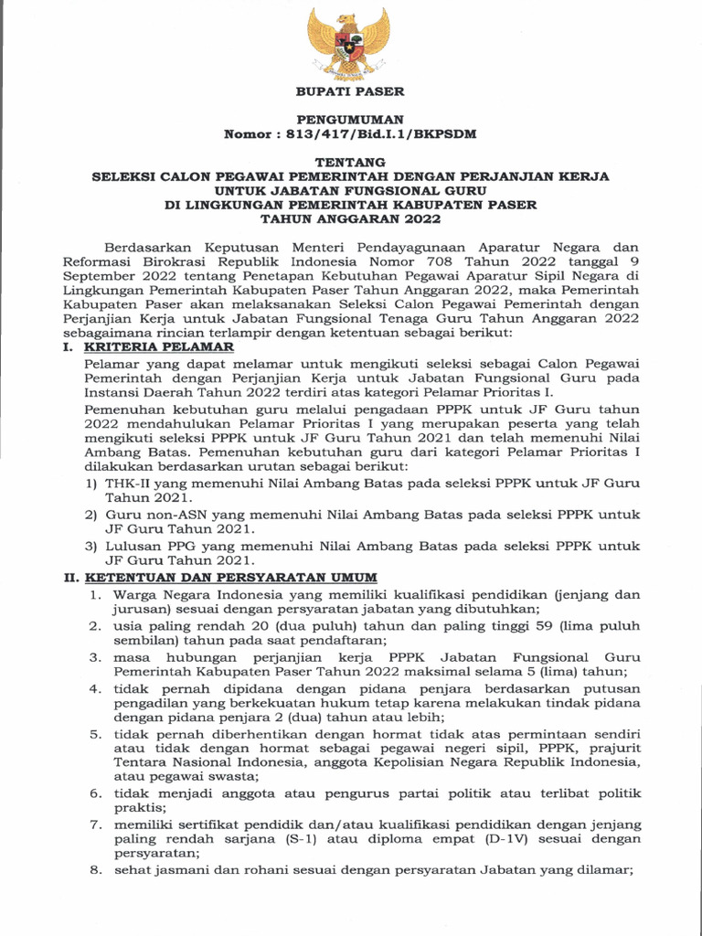 Pengumuman Seleksi Cpppk Jf Guru | PDF