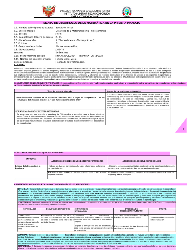 SILABO Desarrollo de La Matem. en La Prim I. VI A-VI C OLINDA C | PDF