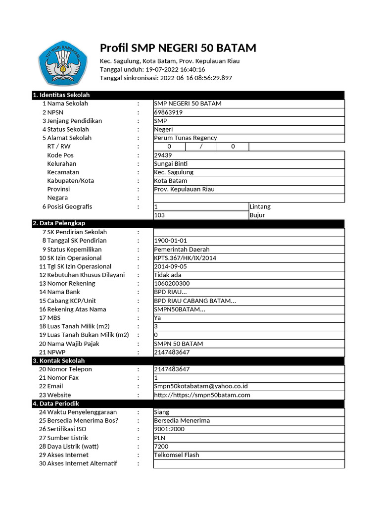 Profil Pendidikan SMP Negeri 50 Batam (19!07!2022 16-40-16) | PDF