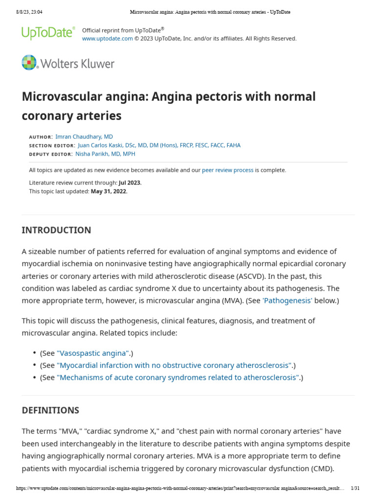 Microvascular Angina - Angina Pectoris With Normal Coronary Arteries ...