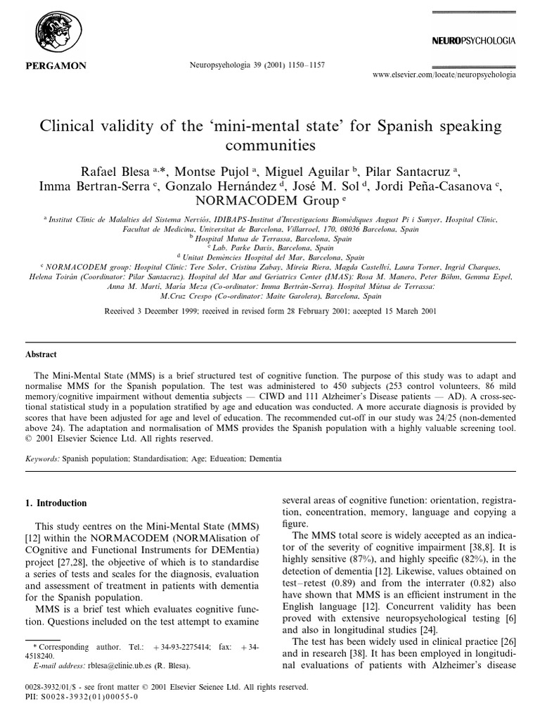 Clinical Validity of The Mini-Mental State' For Spanish Speaking ...